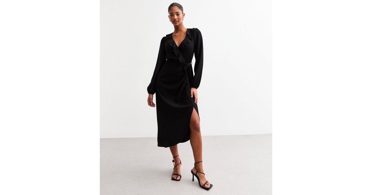 Black Crinkle Texture Ruffle Trimmed Midi Dress | New Look