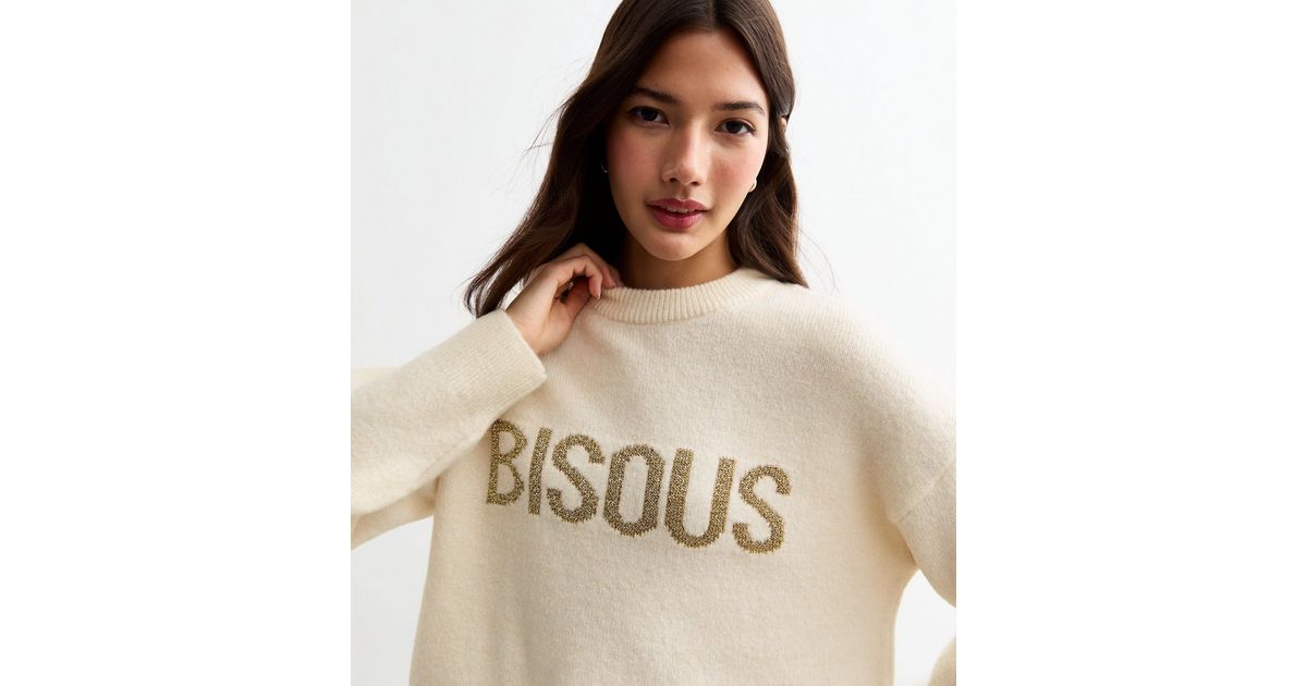 Cream Bisous Slogan Knitted Jumper | New Look