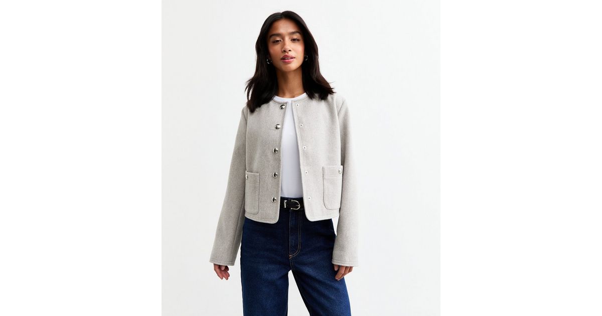 Petite Grey Collarless Shacket | New Look