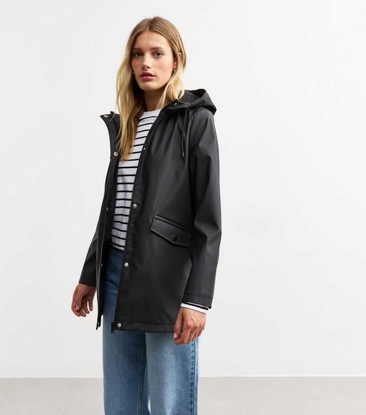 Black Unlined Shower Resistant Rain Coat | New Look