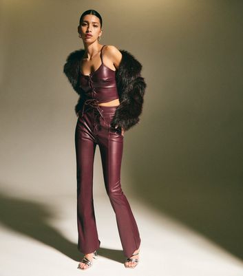 Burgundy Lace Up Flared Faux Leather Trousers New Look