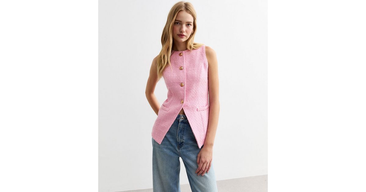Pink Button Up Bouclè Waistcoat | New Look
