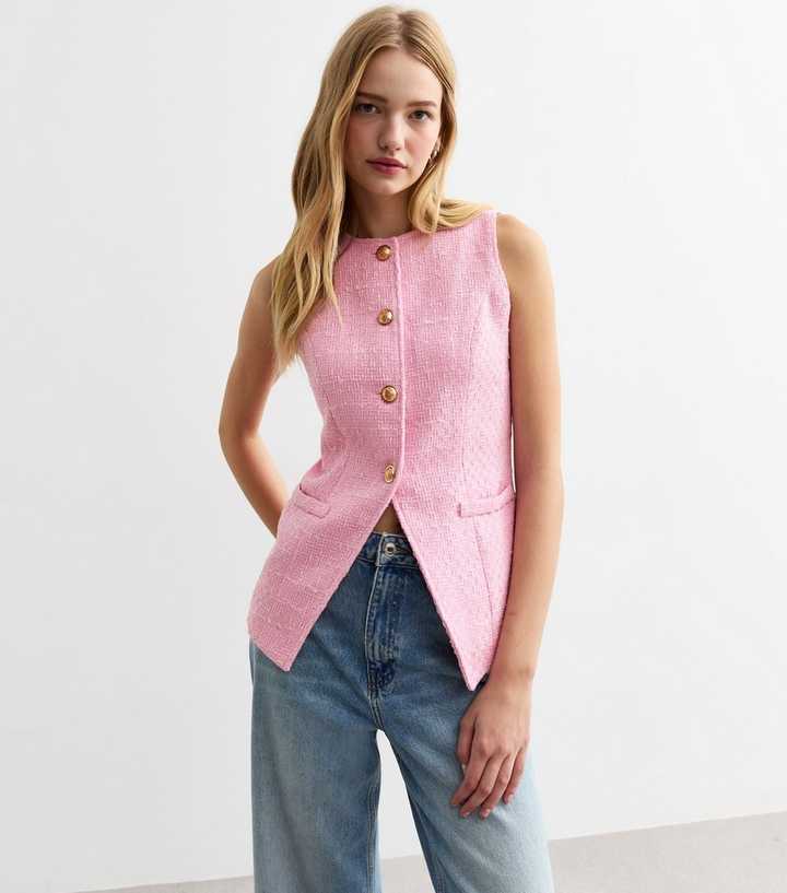 Pink Button Up Bouclè Waistcoat | New Look