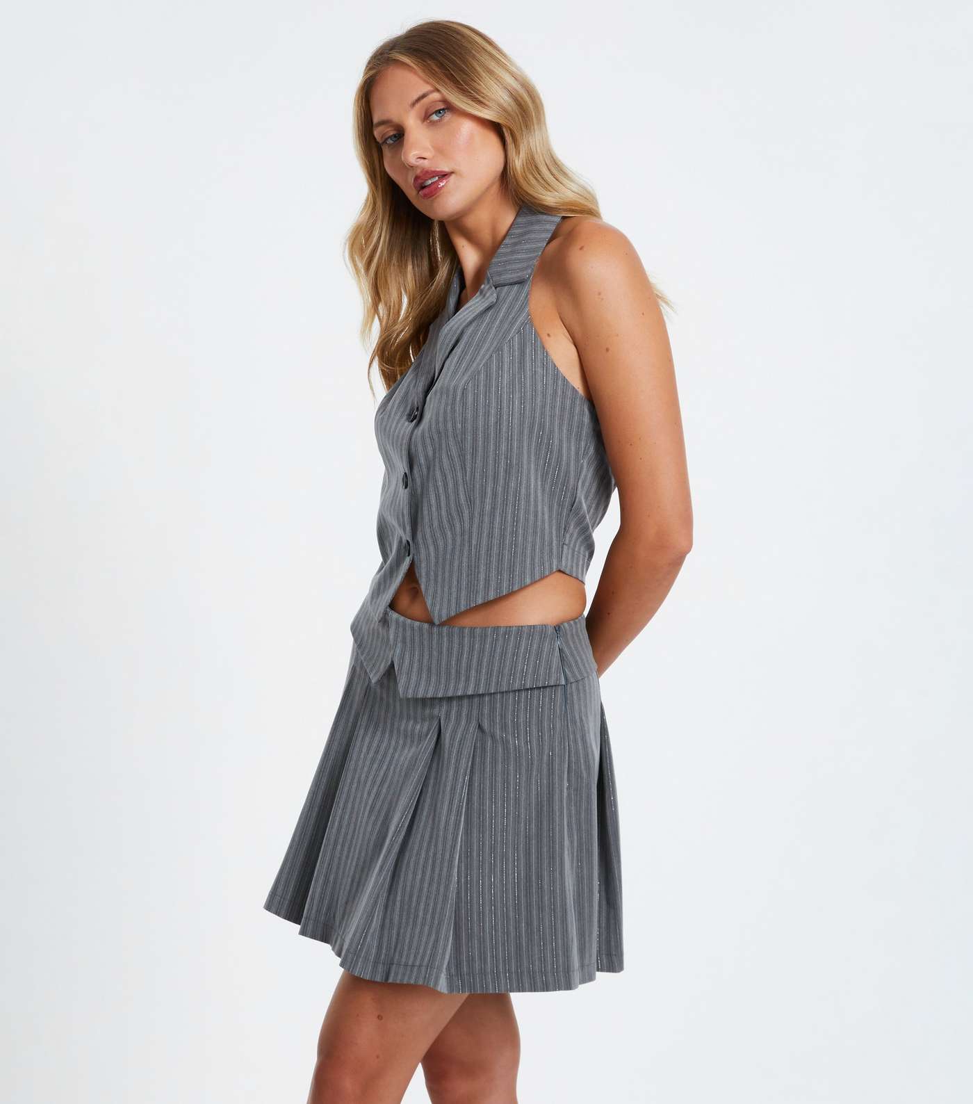 Quiz Grey Pinstripe Pleated Mini Skirt New Look