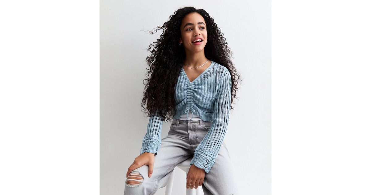 Girls Blue Ruched Front Open Knit Cropped Jumper | New Look