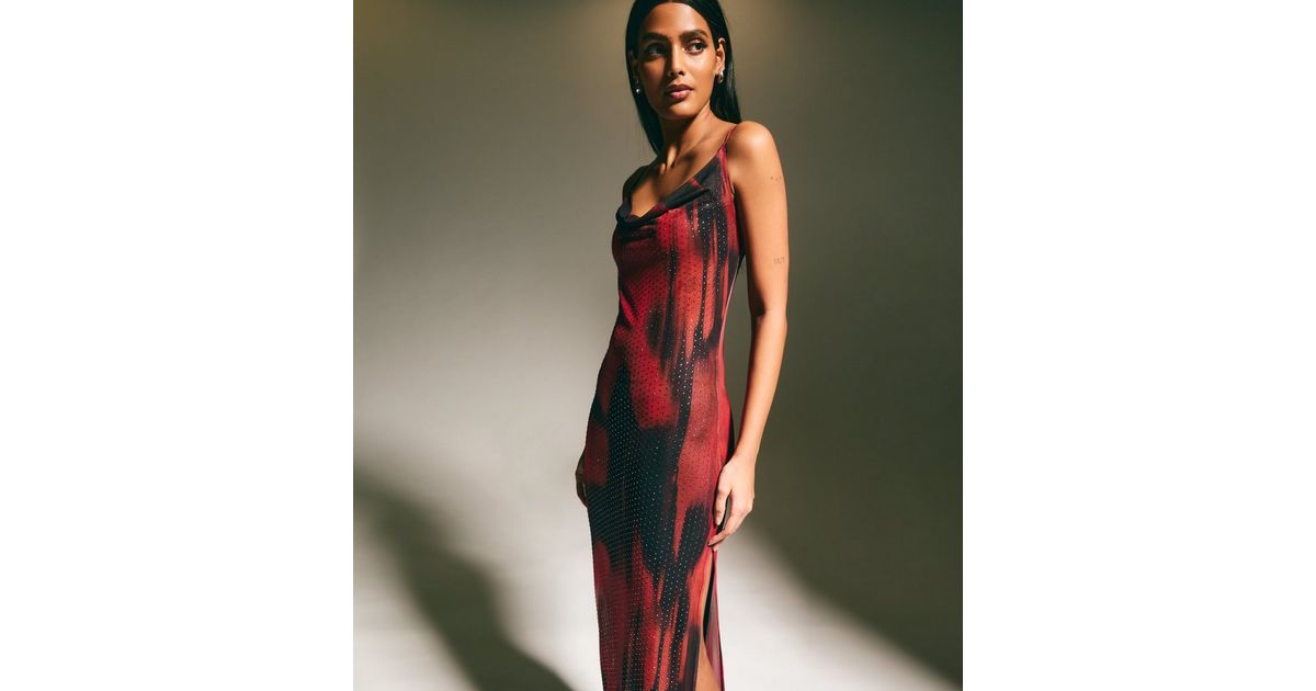 Red Embellished Side Slit Mesh Midi Dress | New Look