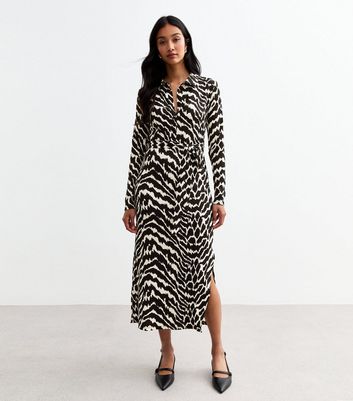 Black Zebra Print Crinkled Shirt Dress | New Look