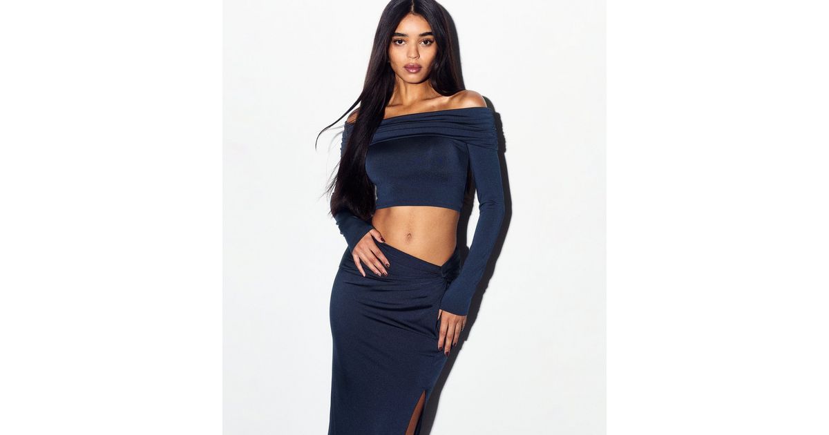 Navy Off Shoulder Long Sleeve Crop Top | New Look