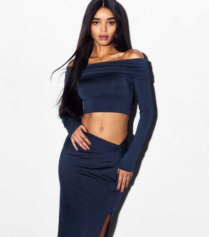Navy Off Shoulder Long Sleeve Crop Top | New Look
