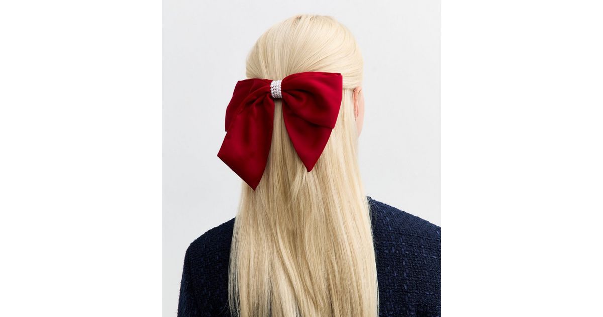 Red Faux Pearl Embellished Satin Crepe Bow Hair Slide | New Look