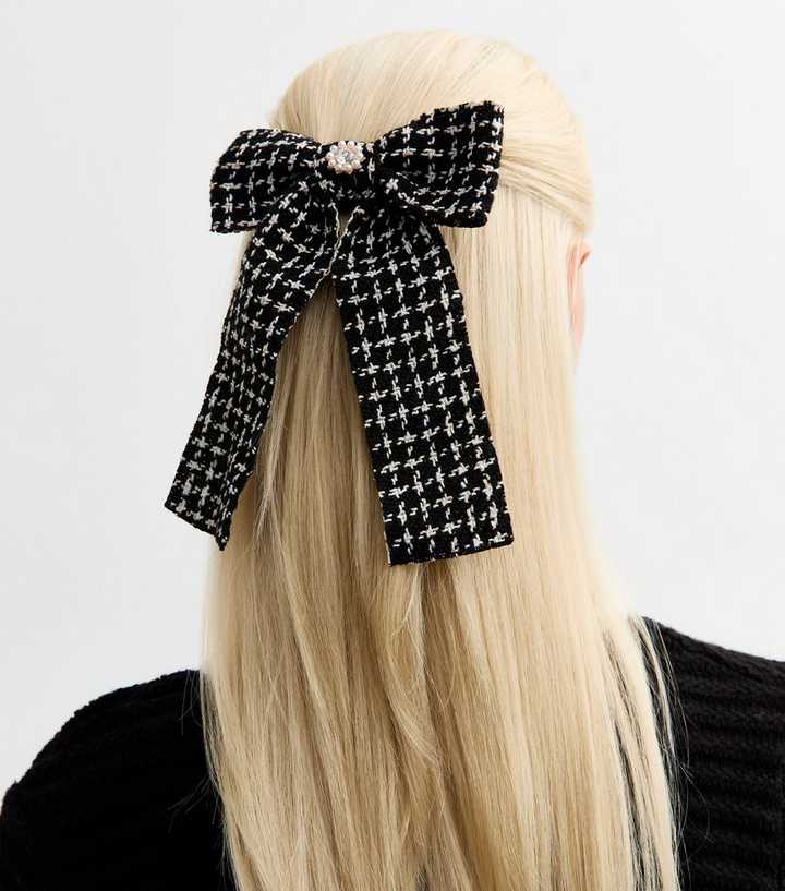 Black Faux Pearl Embellished Dogtooth Bow Hair Slide | New Look