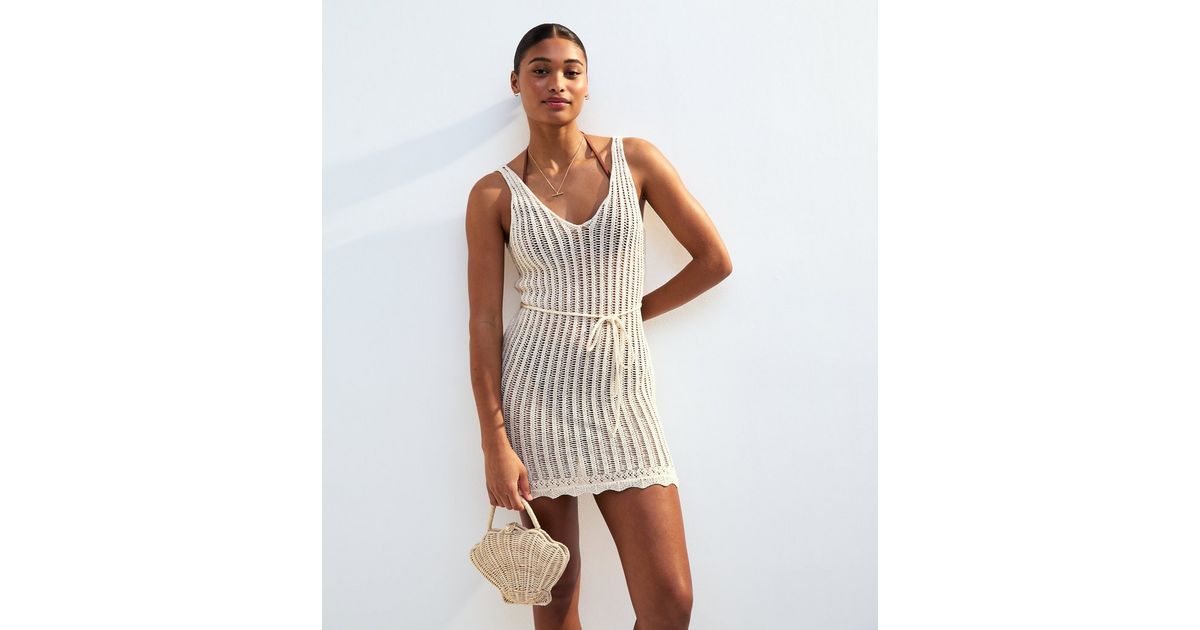 Cream Crochet Ladder Stitch Beach Mini Dress | New Look