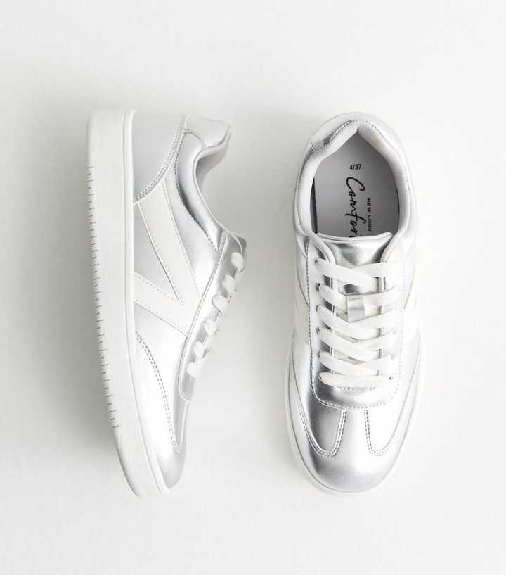 Silver Lace-Up Low-Top Trainers | New Look