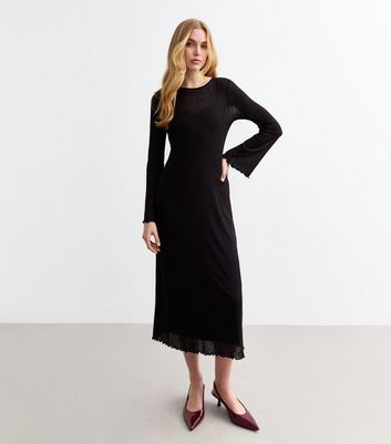 Black Frill Trim Sheer Mesh Midi Dress | New Look