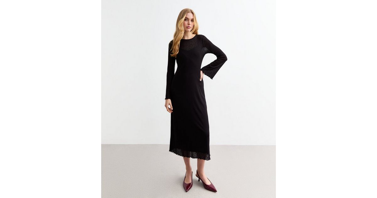 Black Frill Trim Sheer Mesh Midi Dress | New Look