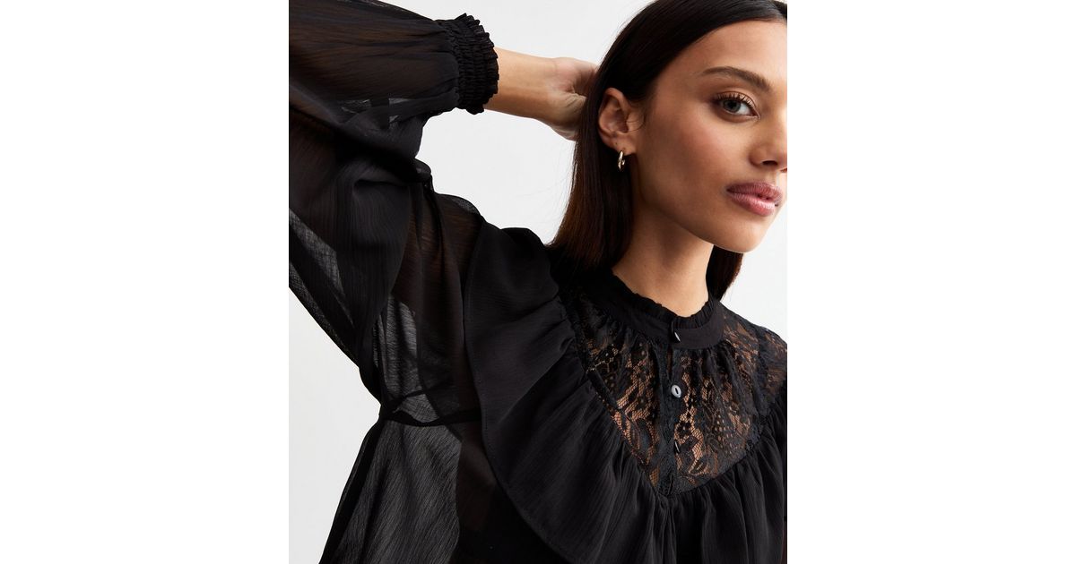 Black Lace Yoke Frilly Trim Sheer Chiffon Top | New Look