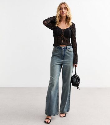 Black Flocked Mesh Tie Front Top | New Look