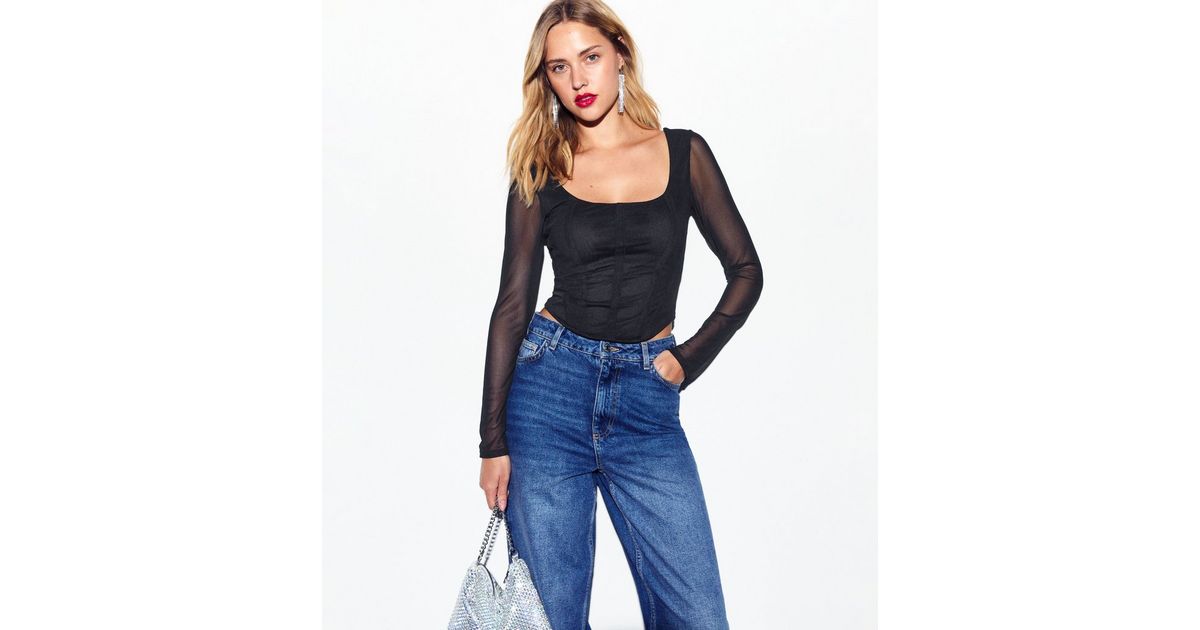 Black Long Sleeve Mesh Corset Top | New Look
