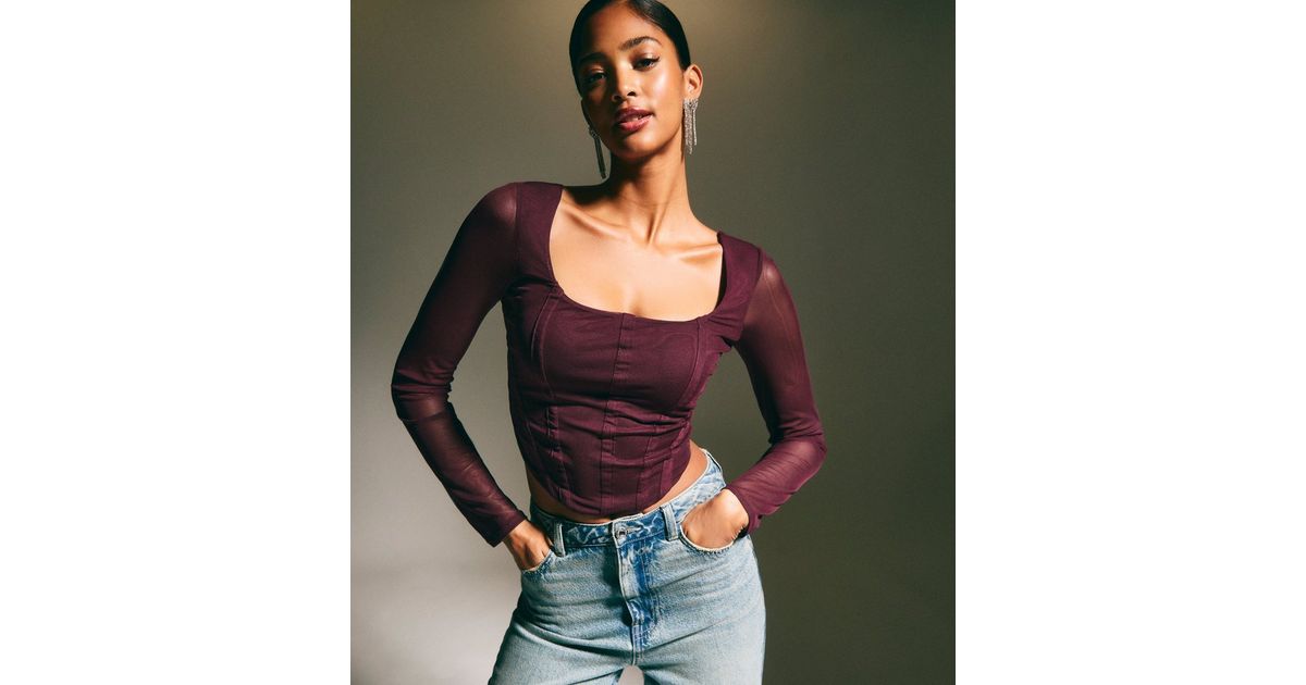 Burgundy Long Sleeve Mesh Corset Top | New Look
