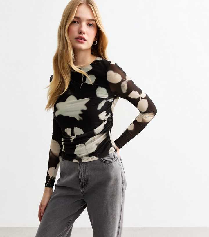 Black Blurred Floral Print Mesh Top | New Look
