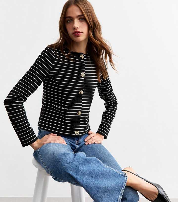 Black Striped Button Detail Cardigan | New Look