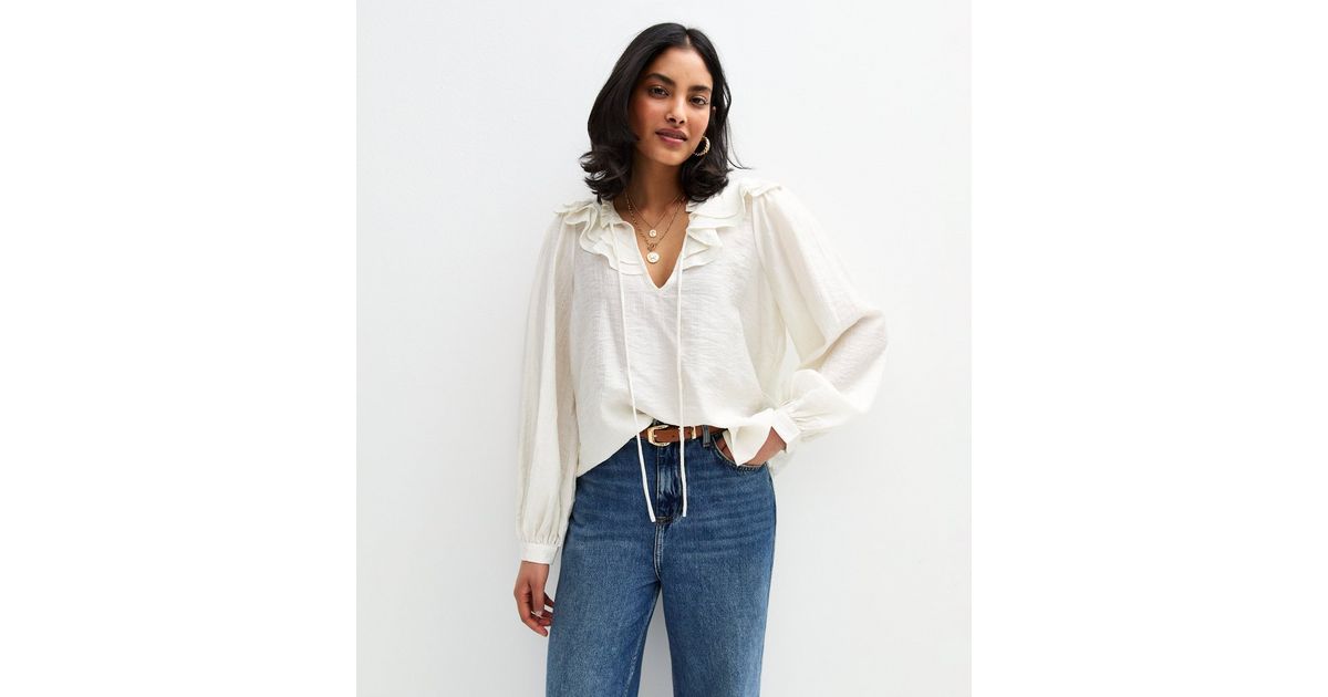 White Frill Trim Tie Neck Blouse | New Look
