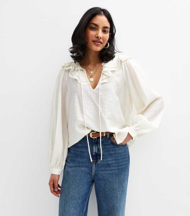 White Frill Trim Tie Neck Blouse | New Look