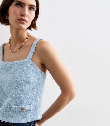 Pale Blue Textured Button Detail Cropped Vest | New Look