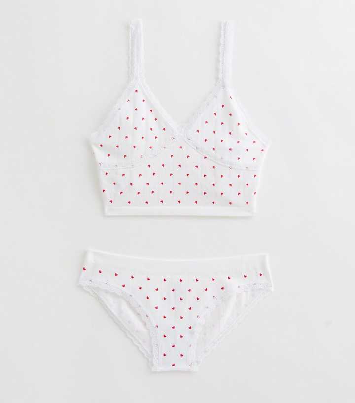 Girls White Heart Print Pointelle Crop Top And Briefs Set | New Look