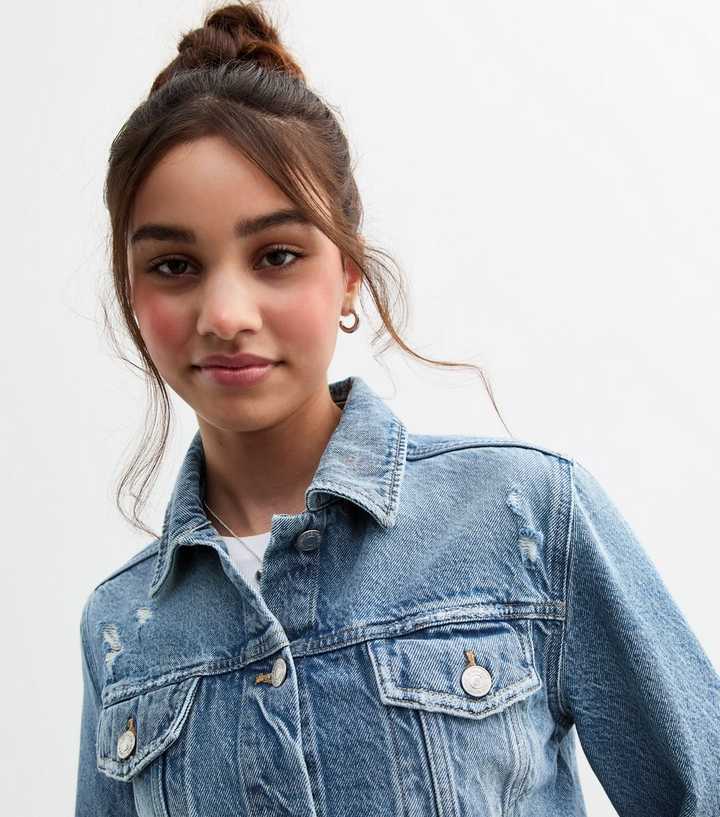 Girls Blue Cropped Distressed Denim Jacket | New Look