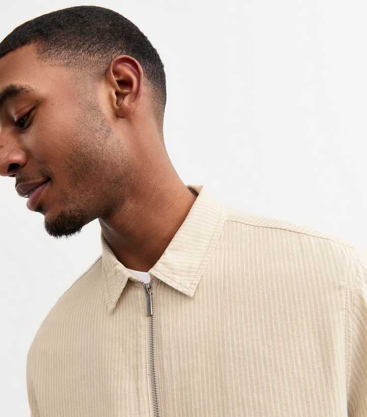 Stone Stripe Regular Linen Blend Zip Up Overshirt | New Look