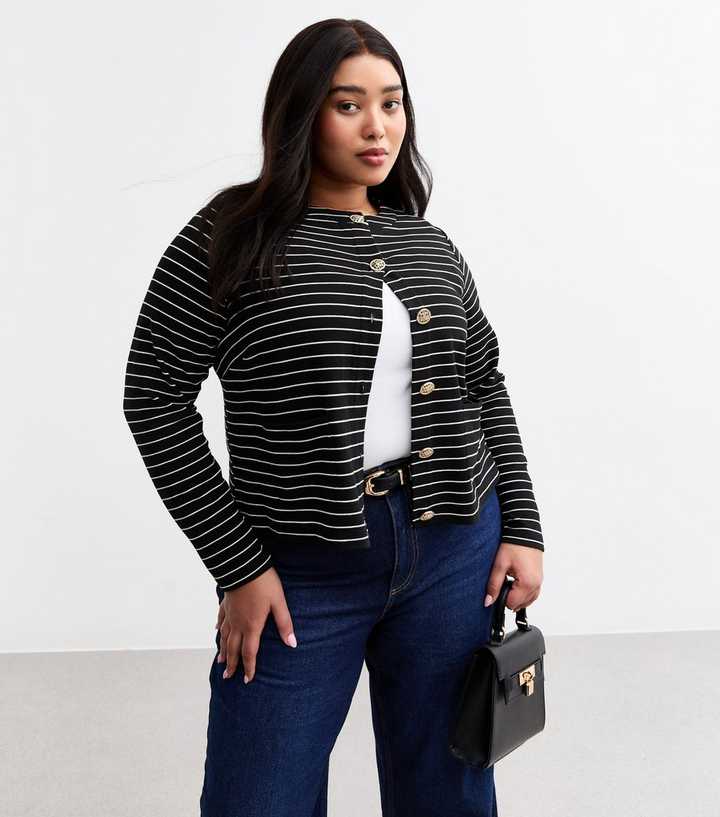 Curves Black Striped Button Detail Cardigan | New Look