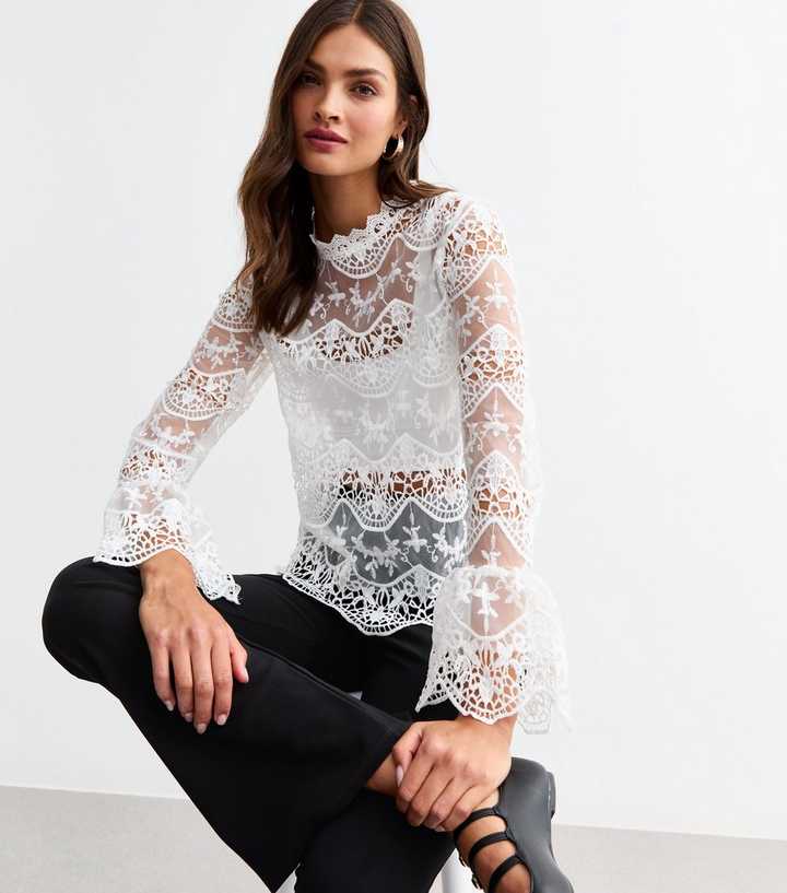 Lace Tops Designer Long Sleeve Lace Top Ecru | Fashionmusthaves.nl