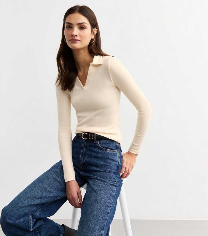 Cream Rib Jersey Polo Top | New Look