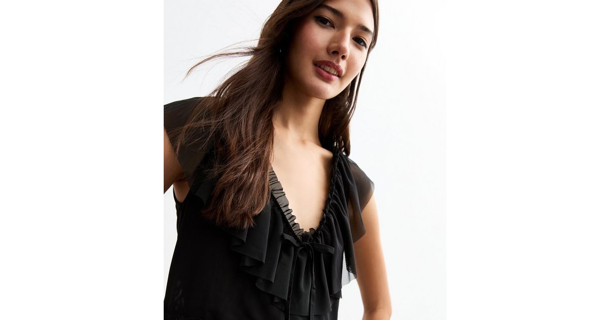 Black Ruffled Tulle Top | New Look