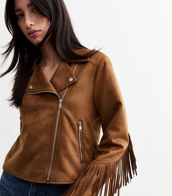 Tan Fringe Trimmed Faux Suede Jacket | New Look