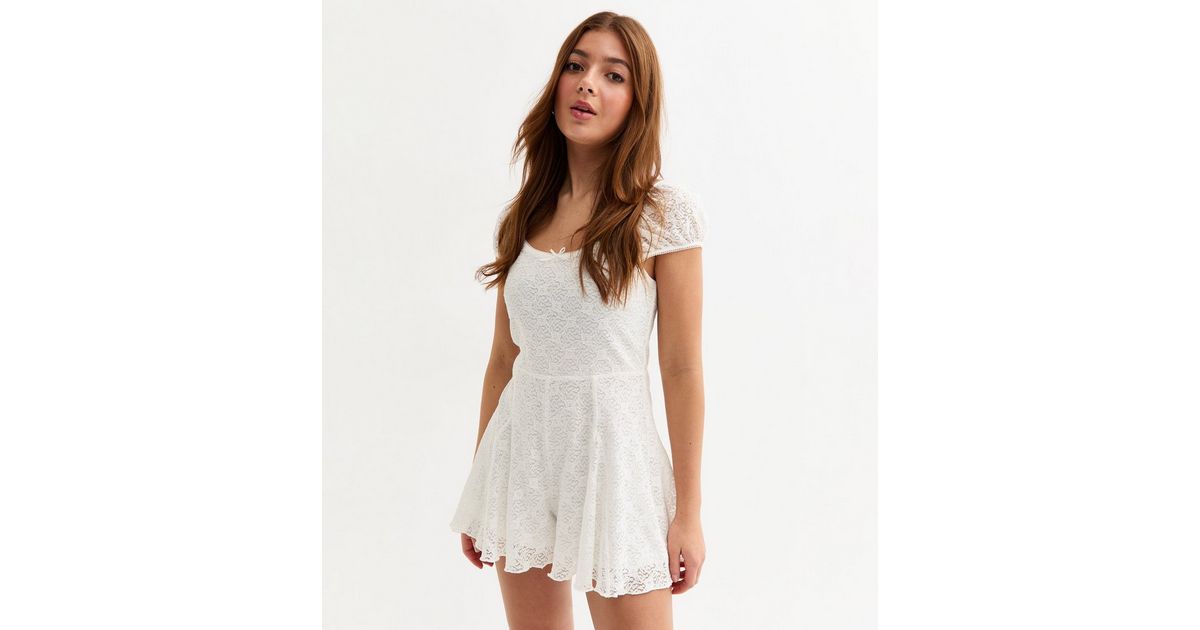 Girls White Lace Godet Playsuit | New Look