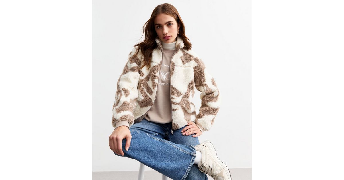 Brown Abstract Print Borg Jacket | New Look