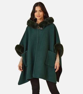 Yumi Green Faux Fur Trim Cape | New Look