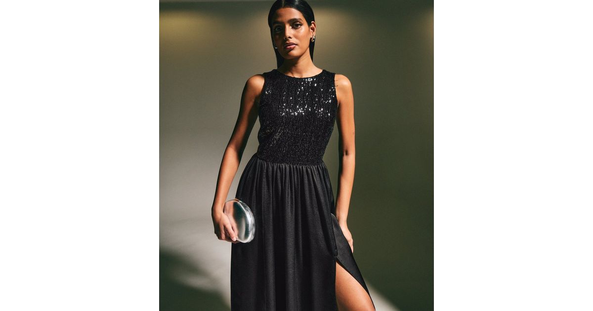 Black Sequinned Satin Side Slit Midi Dress | New Look