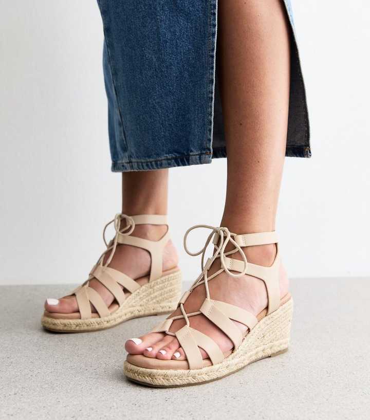 Off White Faux Leather Lace Up Wedges | New Look