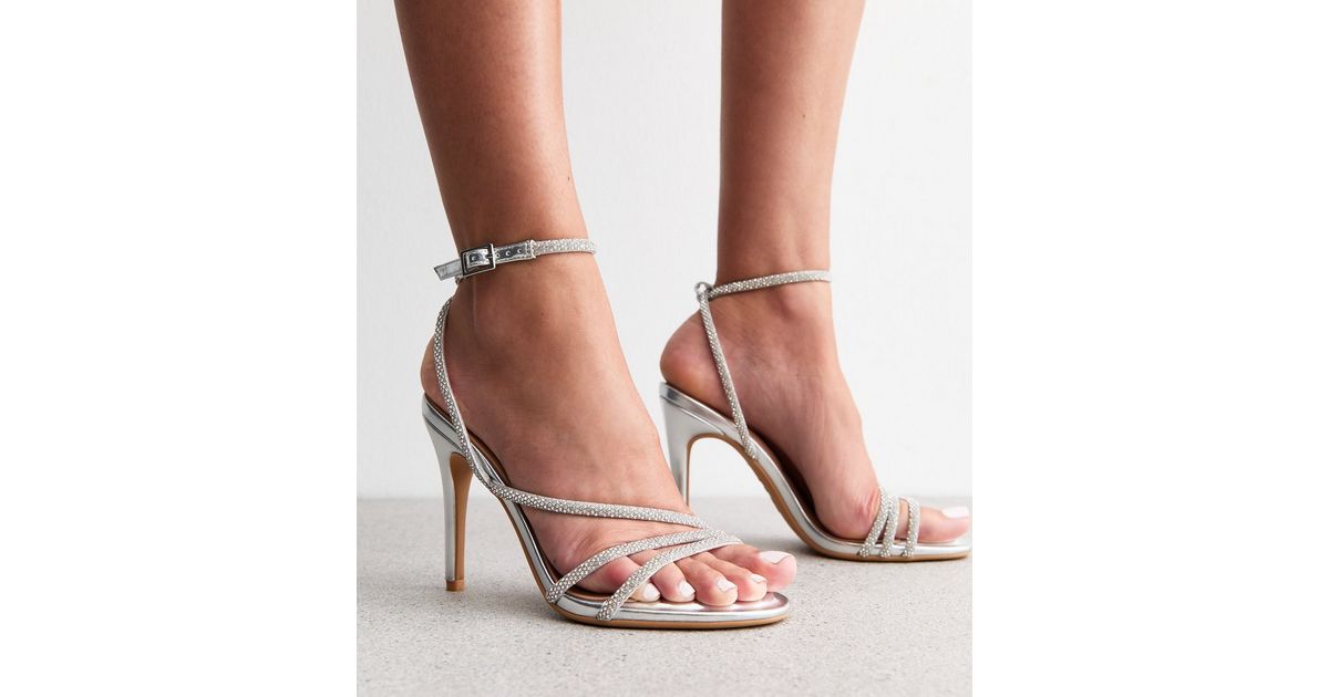 Silver Tone Diamantè Embellished Triple Strap Stiletto Sandals | New Look