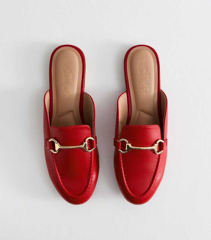 Red Faux Leather Snaffle Detail Backless Loafers | New Look