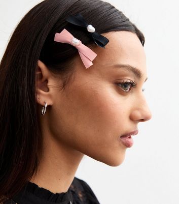 Pack Of 4 Black And Pink Bow Hair Slides New Look