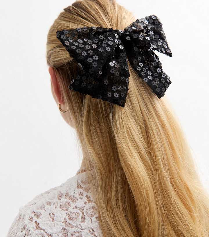 Black Sequin Embellished Mesh Bow Hair Slide | New Look