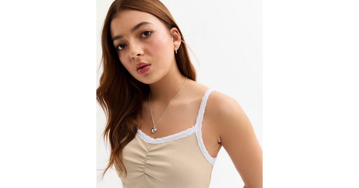 Girls Camel Lace Trim Ribbed Crop Cami Top | New Look