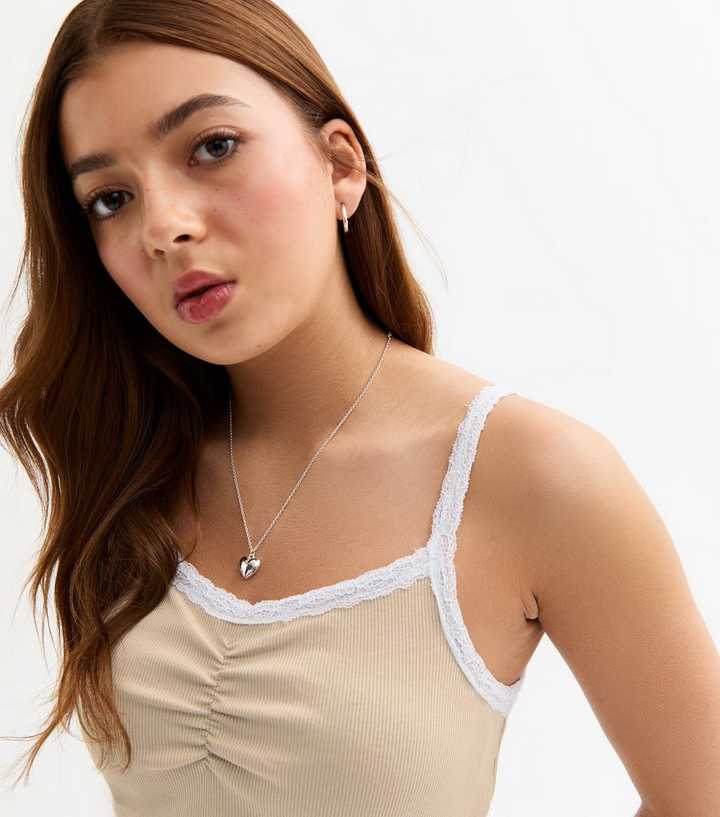 Girls Camel Lace Trim Ribbed Crop Cami Top | New Look