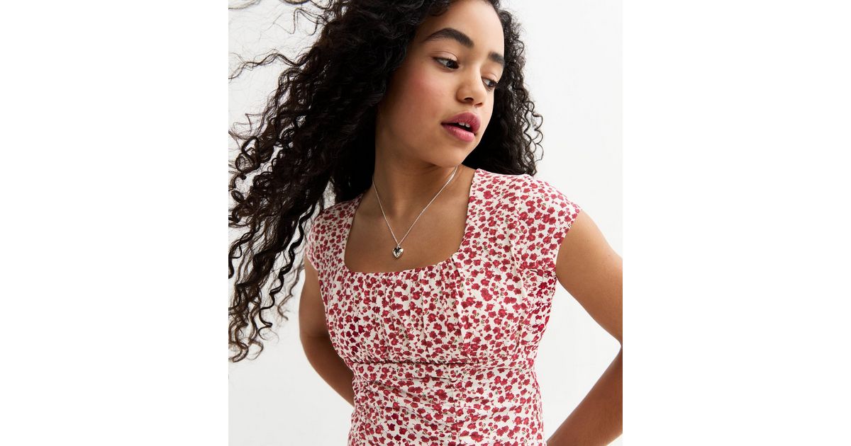 Girls Red Floral Print Ruched Top | New Look