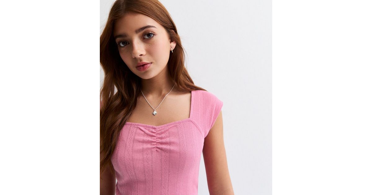Girls Pink Pointelle Ruched Cropped Top | New Look