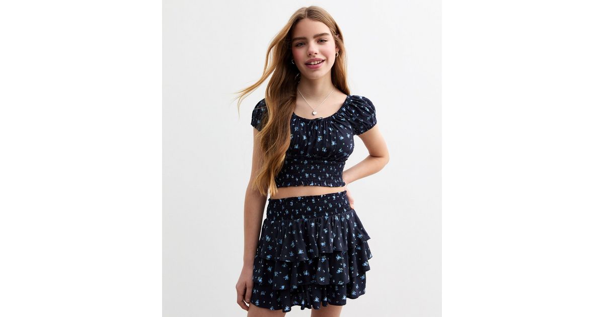 Girls Blue Ditsy Print Rara Skirt | New Look